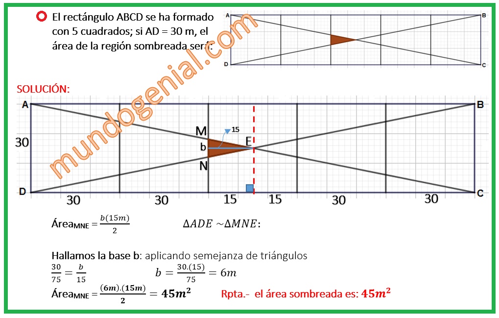 El rectángulo ABCD se ha formado con 5 cuadrados; si AD = 30 m, el área ...