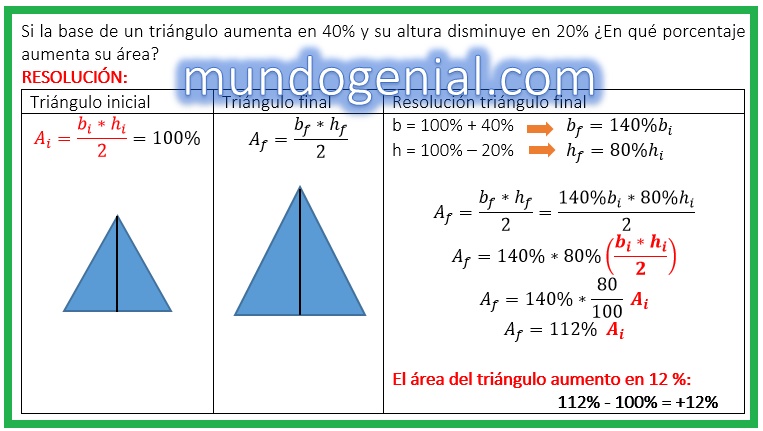 Si la base de un triángulo aumenta en 40% y su altura disminuye en 20% ...