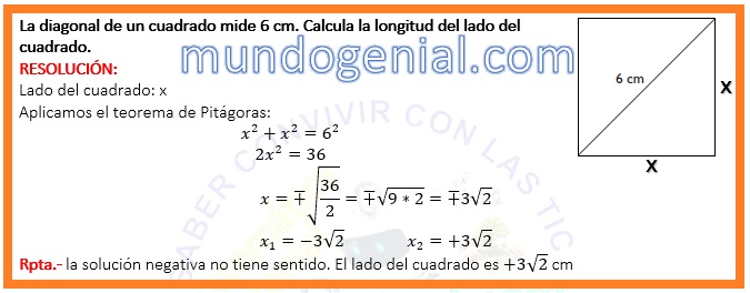 La diagonal de un cuadrado mide 6 cm. Calcula la longitud del lado del ...