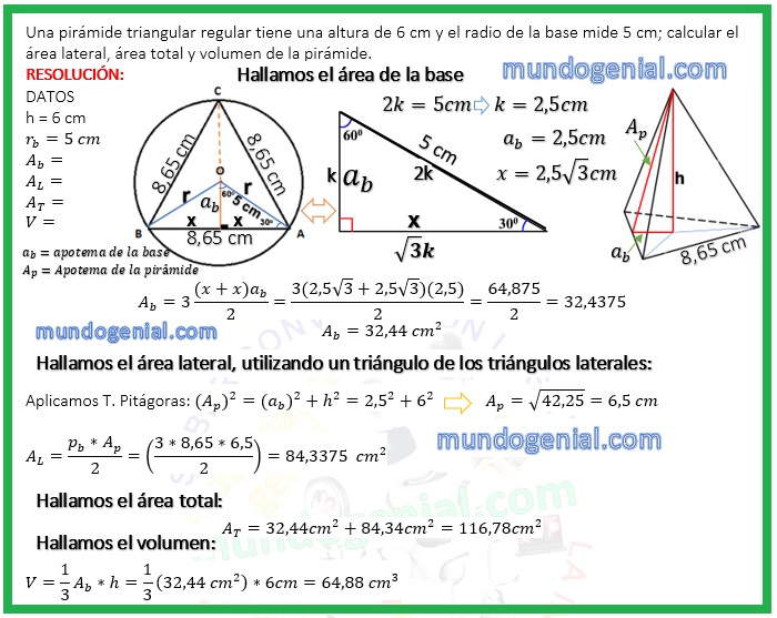 Una pirámide triangular regular tiene una altura de 6 cm y el radio de ...