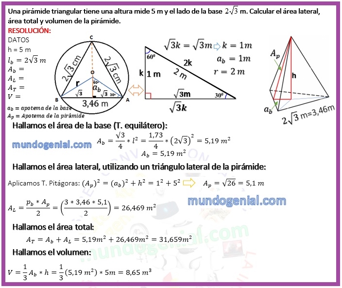 Una pirámide regular triangular la altura mide 5 m y el lado de la base ...